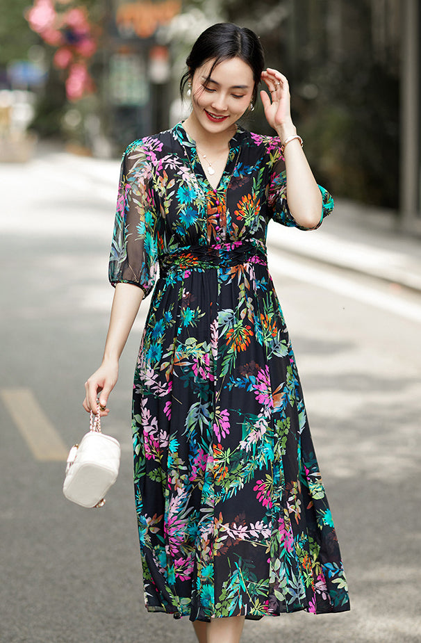 Elegant Floral Printed V-neck Silk Dress – Vicky and Lucas